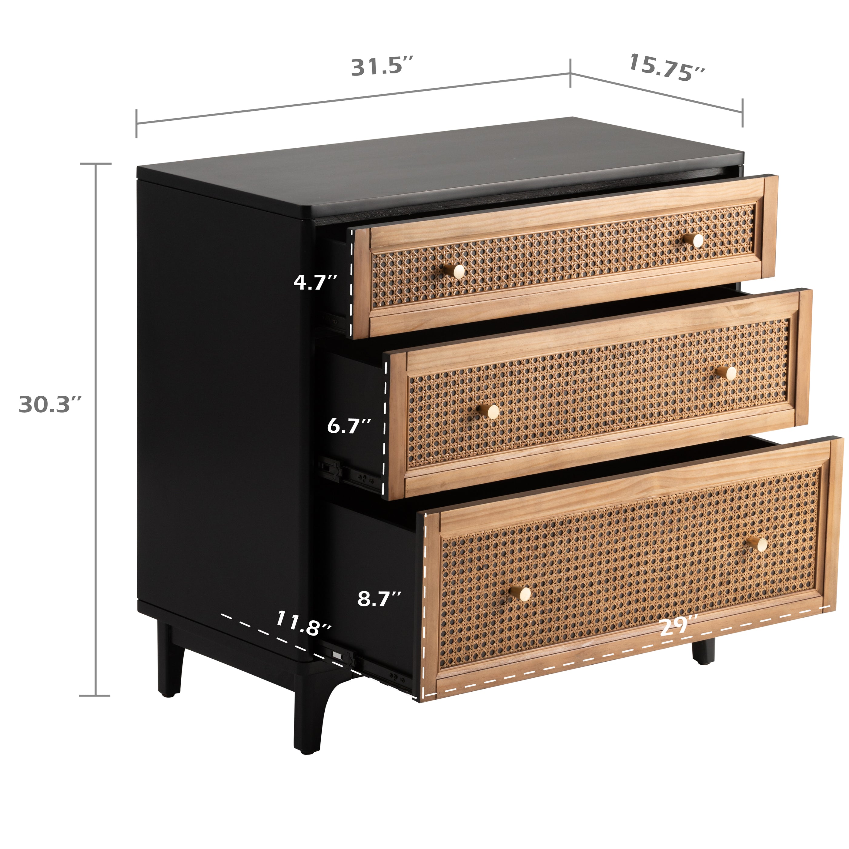 COZAYH 3-Drawer Woven Cane Front Accent Chest with Brass Knobs for ...