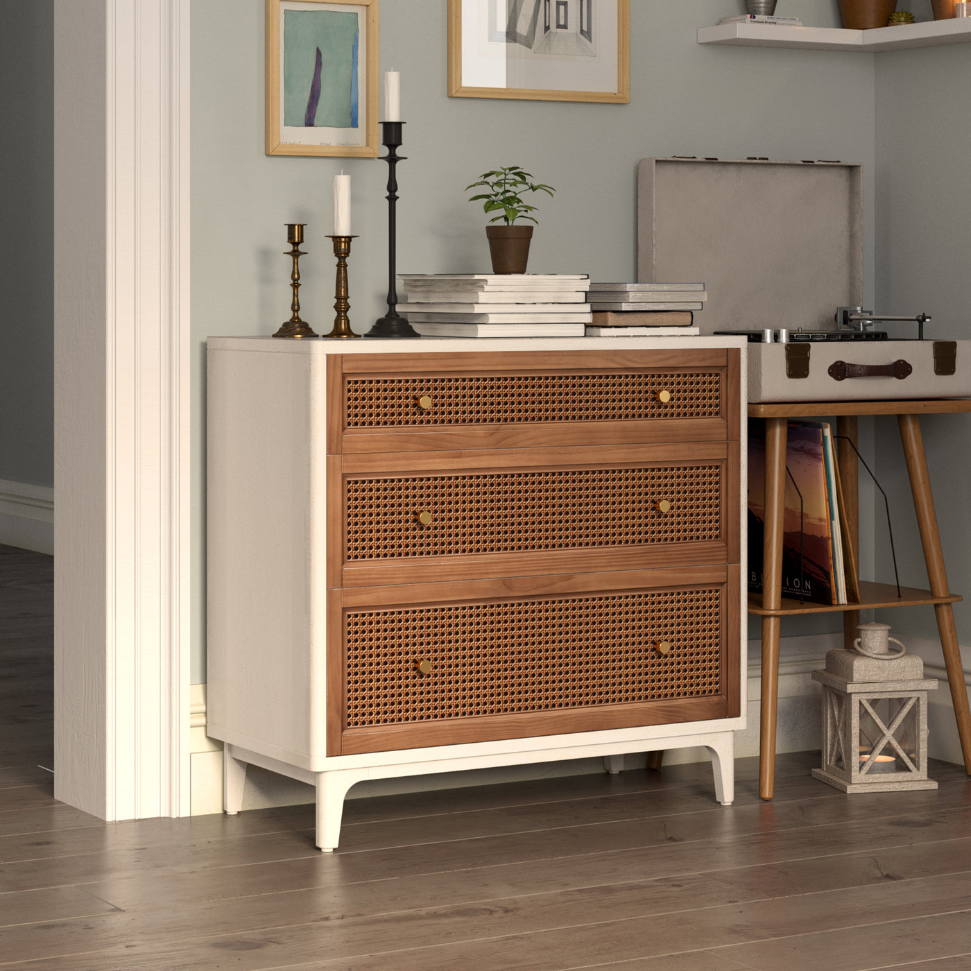 COZAYH 3-Drawer Woven Cane Front Accent Chest with Brass Knobs for ...