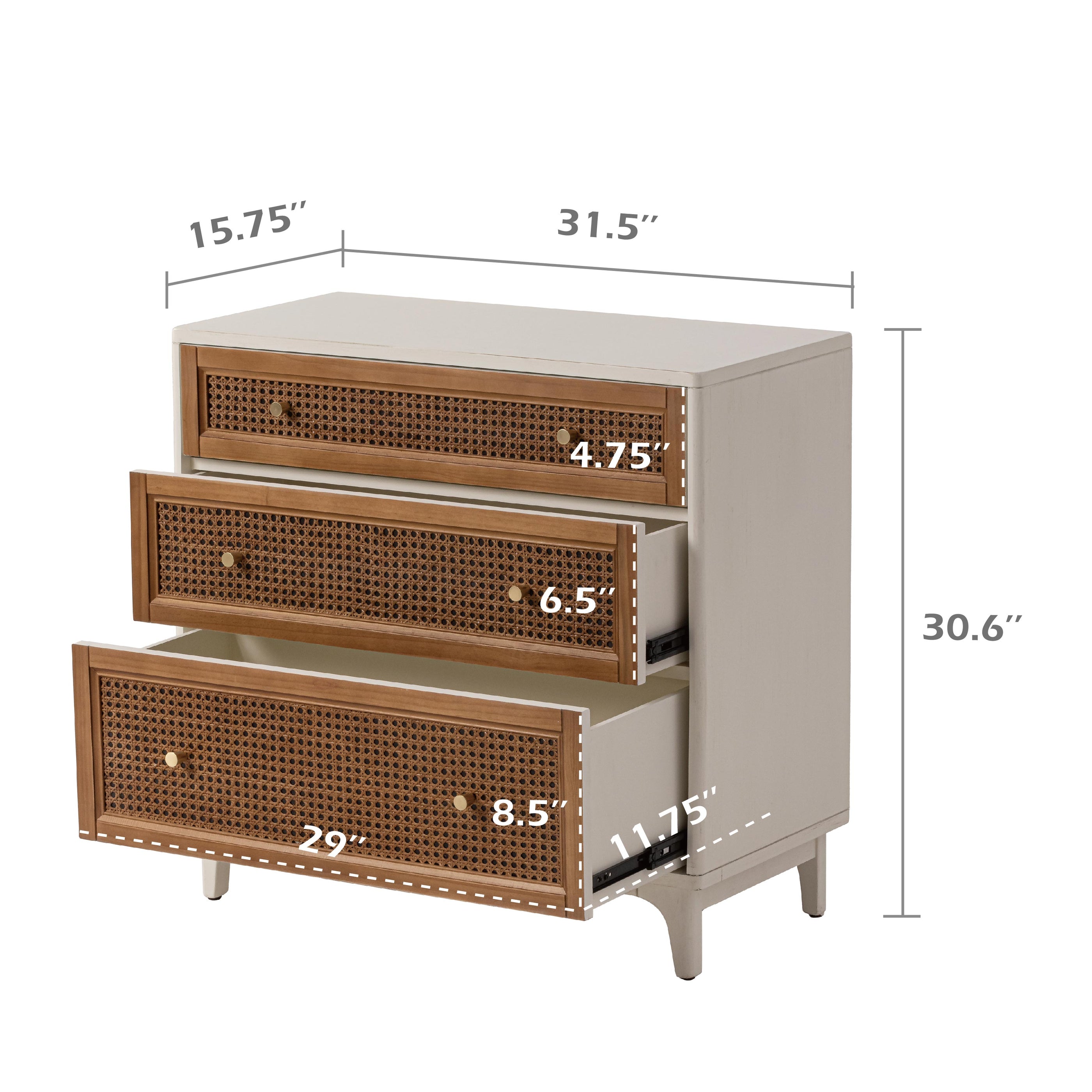 COZAYH 3-Drawer Woven Cane Front Accent Chest with Brass Knobs for ...